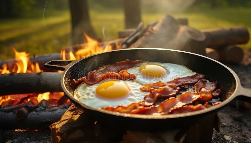 Camping Breakfast with Bacon and Eggs in a Cast Iron Skille Stock ...