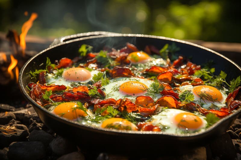 Camping Breakfast with Bacon and Eggs in a Cast Iron Skillet. Food at ...