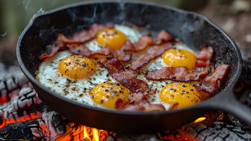Camping Breakfast with Bacon and Eggs in a Cast Iron Skillet. Stock ...