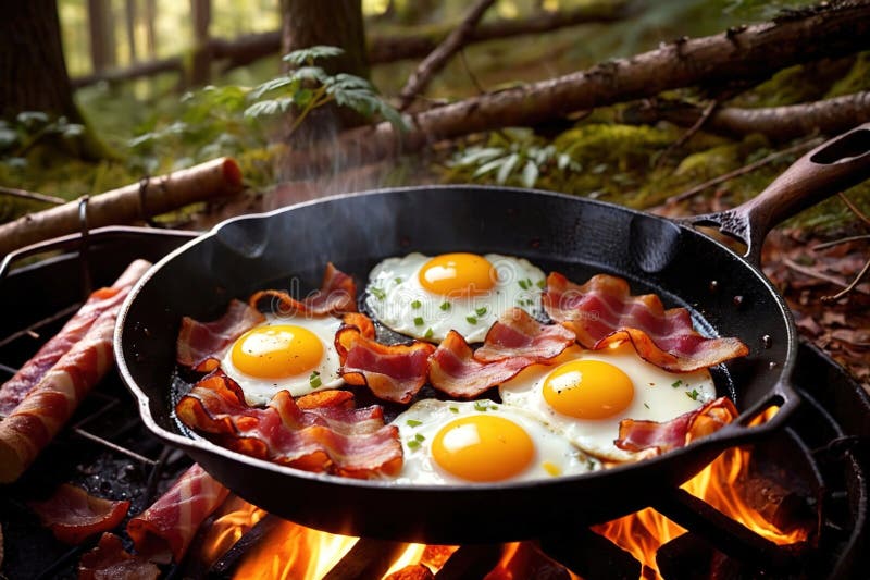 Camping Breakfast with Bacon and Eggs in a Cast Iron Skillet. Fried ...