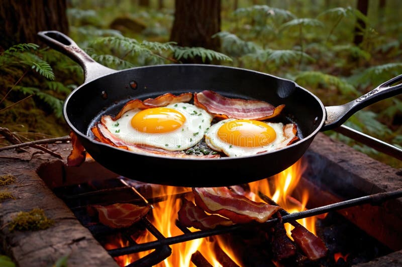 Camping Breakfast with Bacon and Eggs in a Cast Iron Skillet. Fried ...