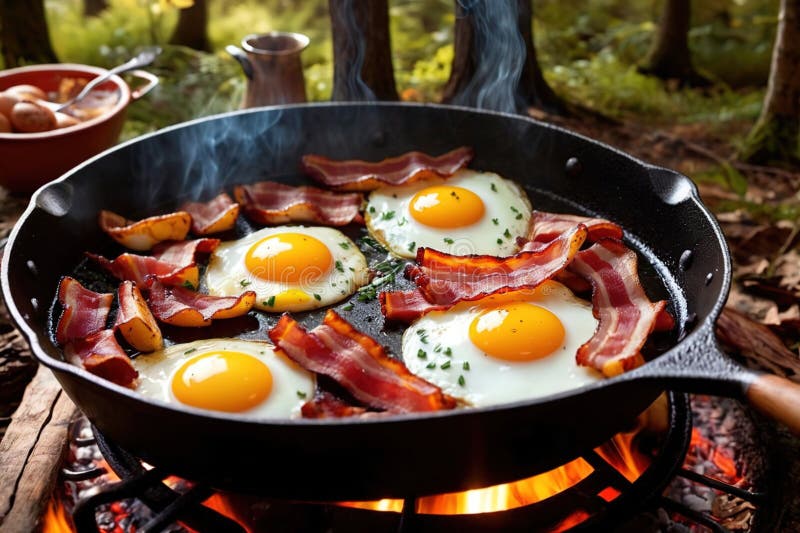 Camping Breakfast with Bacon and Eggs in a Cast Iron Skillet. Fried ...