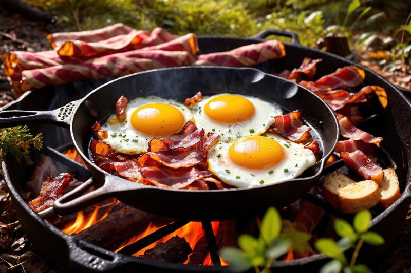 Camping Breakfast with Bacon and Eggs in a Cast Iron Skillet. Fried ...