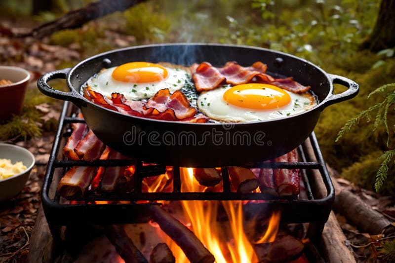 Camping Breakfast with Bacon and Eggs in a Cast Iron Skillet. Fried ...