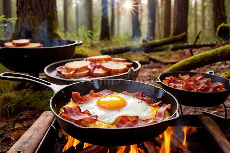 Camping Breakfast with Bacon and Eggs in a Cast Iron Skillet. Fried ...