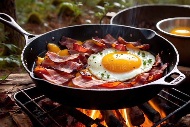 Camping Breakfast with Bacon and Eggs in a Cast Iron Skillet. Fried ...