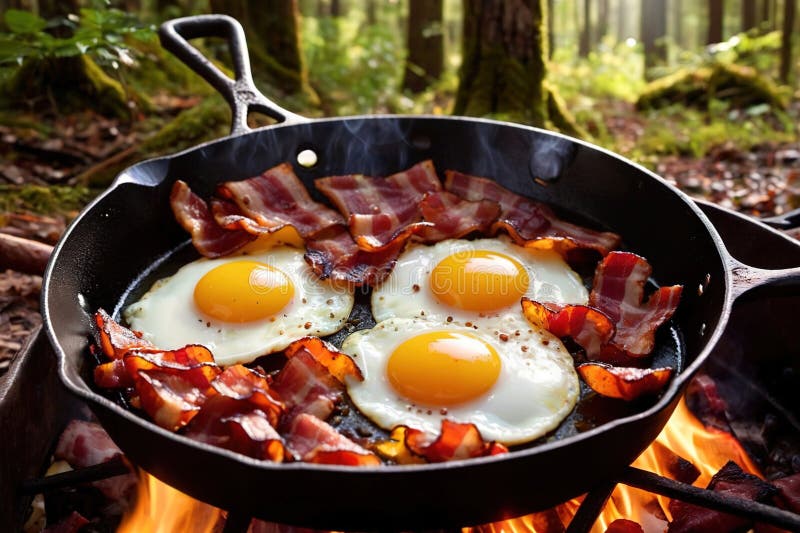Camping Breakfast with Bacon and Eggs in a Cast Iron Skillet. Fried ...
