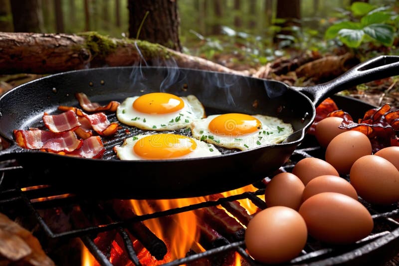 Camping Breakfast with Bacon and Eggs in a Cast Iron Skillet. Fried ...