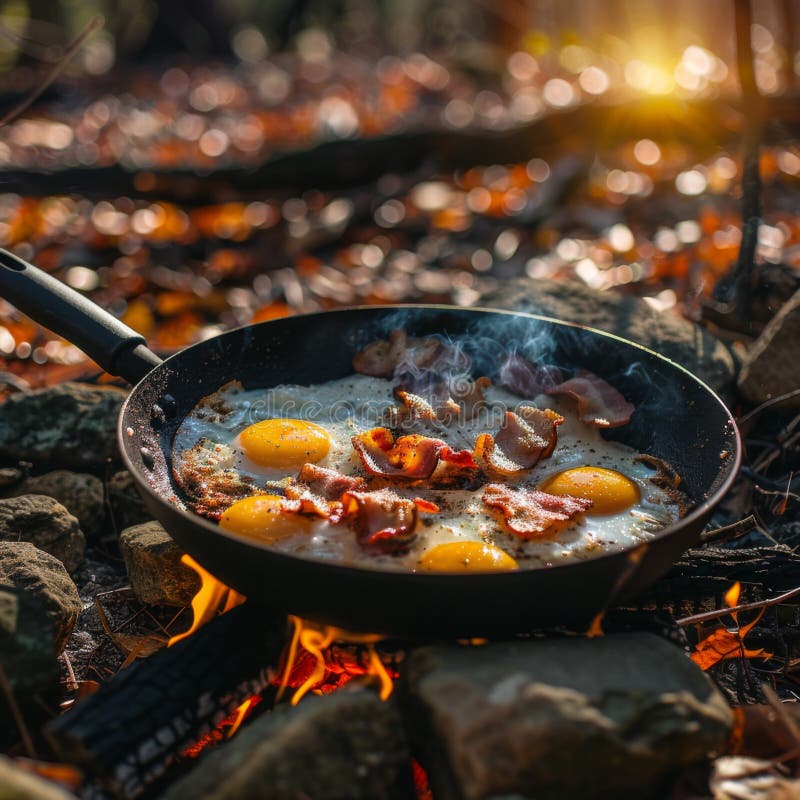 Camping Breakfast of Eggs and Bacon Cooked Over a Fire Stock ...