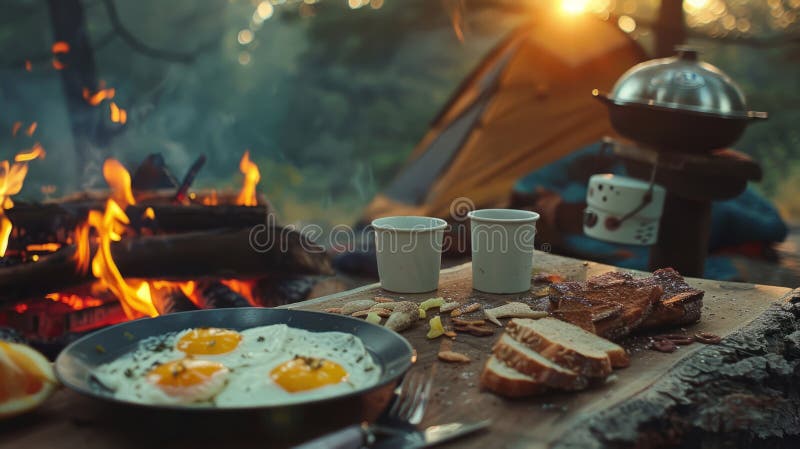 Camping Breakfast Served on the Wooden Table, Bonfire and Camp Tent on ...