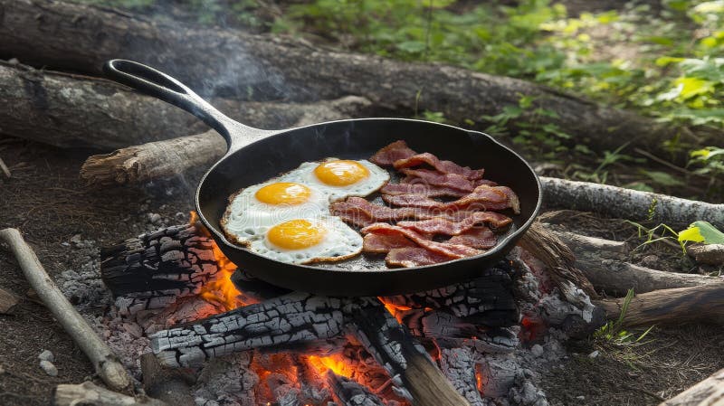 Camping Breakfast with Sizzling Bacon and Eggs in a Cast Iron Skillet ...