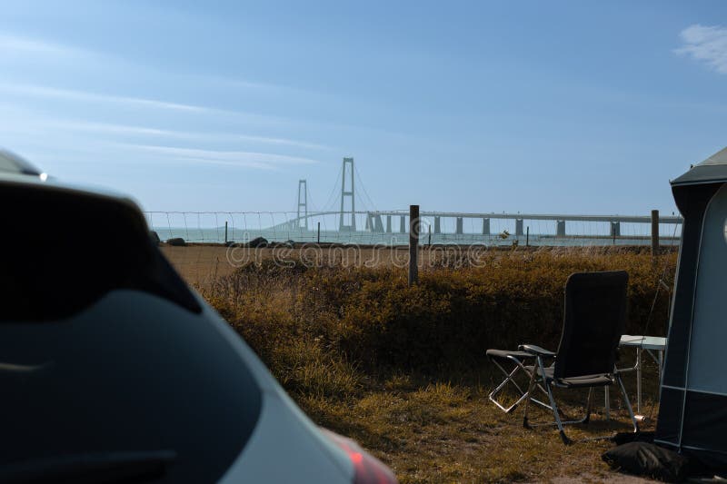 Camping Campsite with the View of Ocean, Bridge and Nice Nature Stock ...