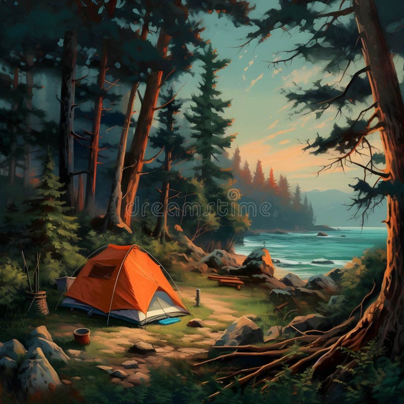 Camping in the Canyon Near the River at Sunset Stock Illustration ...