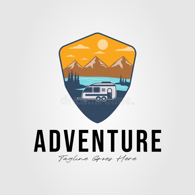 Camping with Caravan Car or Camper Van Logo Vector Illustration Design ...