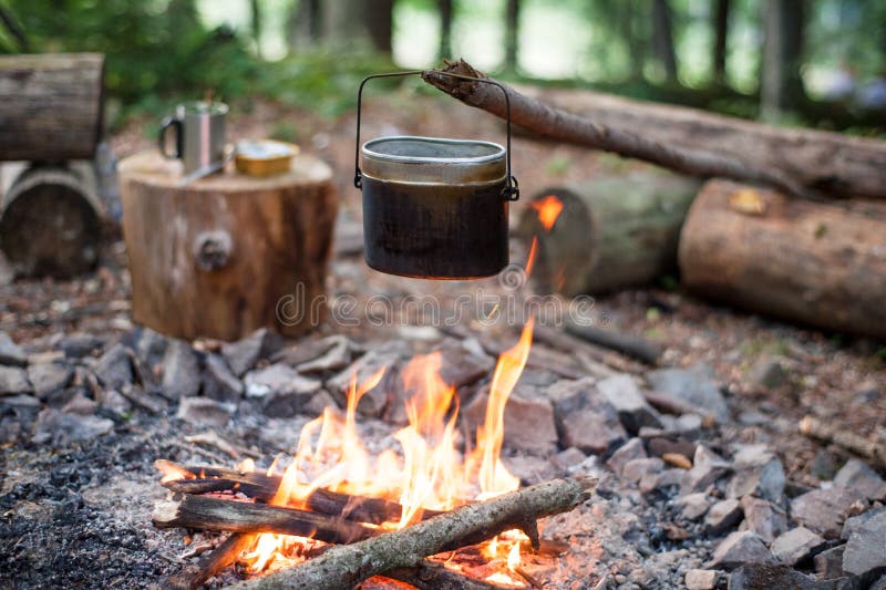 Camping Cooking on a Campfire Outdoor, Tourist Kettle. Stock Photo ...