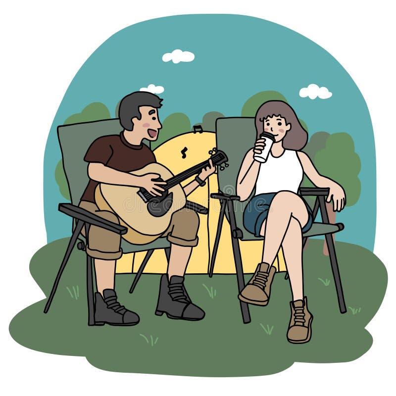 Boyfriend Playing Guitar for Girlfriend during Camping Cartoon ...