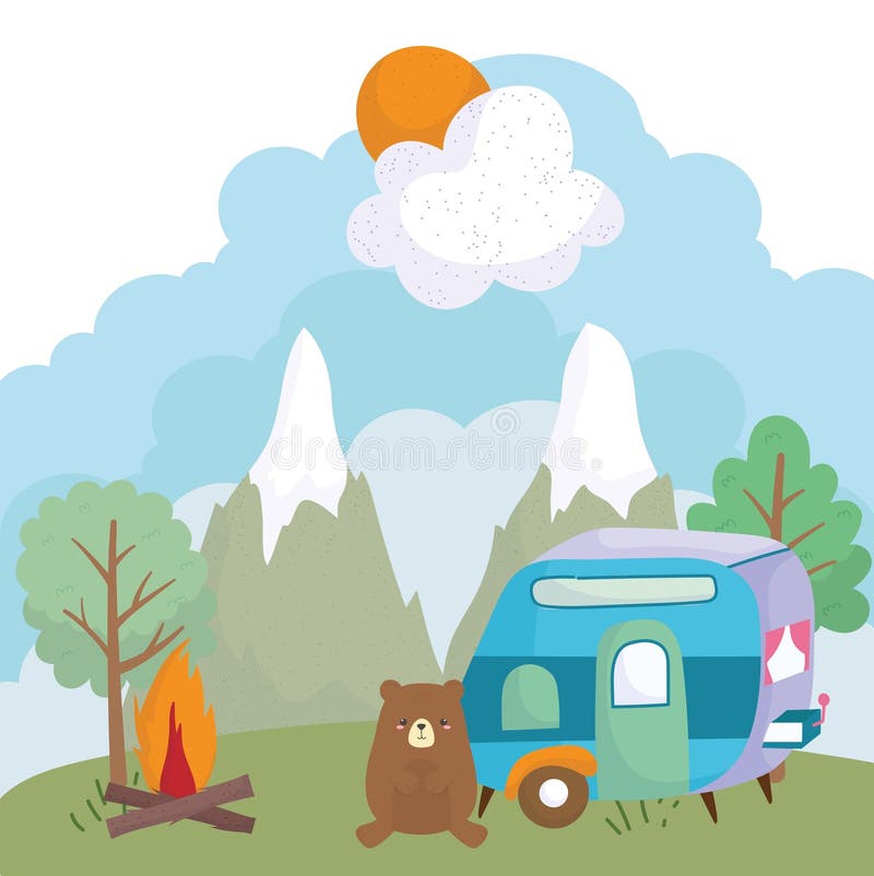 Camping Cute Bear Trailer Bonfire Trees Mountains Cartoon Stock Vector ...