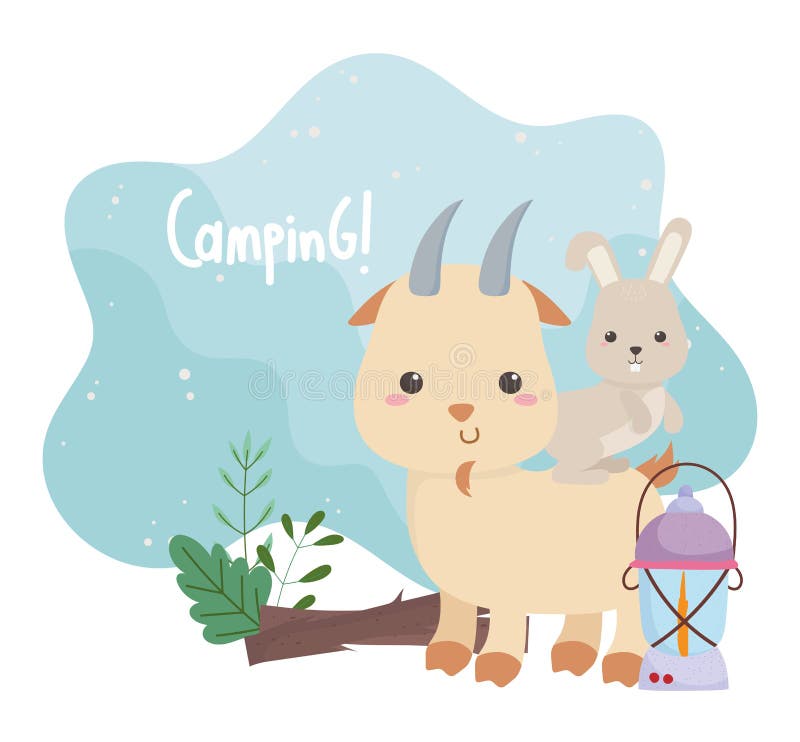 Camping Cute Rabbit in Goat Lamp and Trunk Forst Cartoon Stock Vector ...