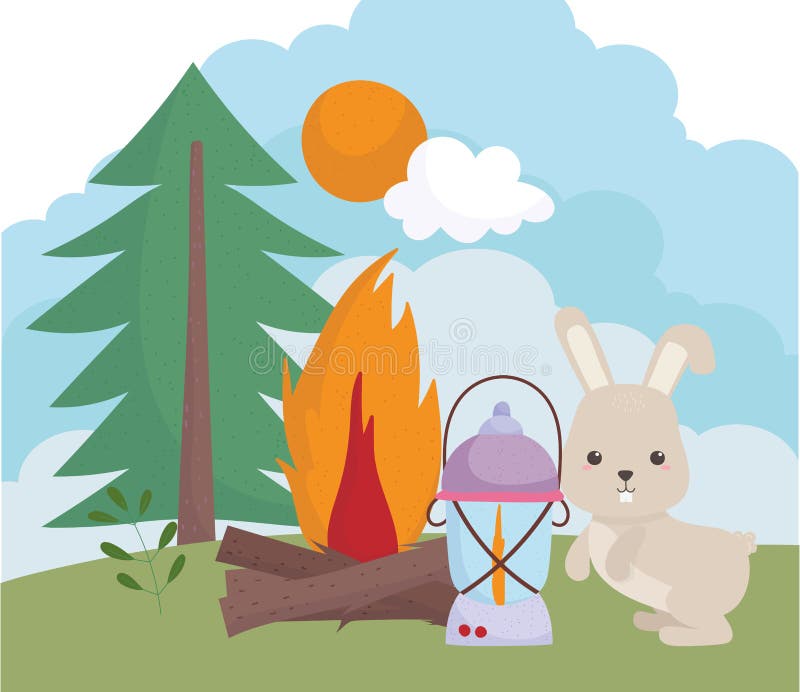 Camping Cute Rabbit Lantern Bonfire Tree Sun Clouds Cartoon Stock ...