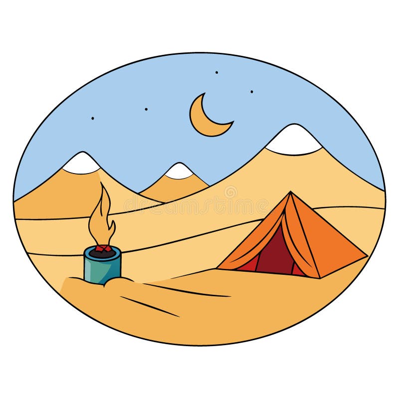 Camping in the Desert with a Campfire and Tents Surrounded by Dunes Stock Illustration ...