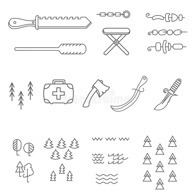 Camping Elements Outline Icons Set. Linear Style Symbols Collection ...