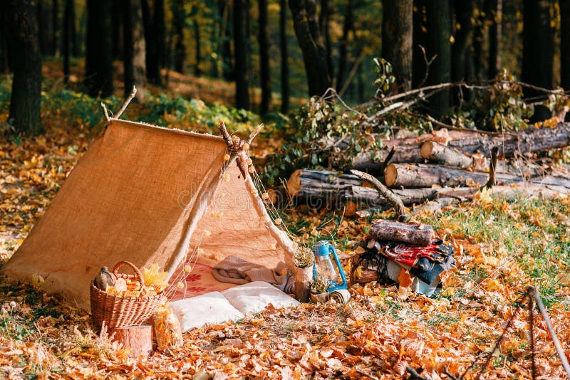 Camping Equipment. Tent in the Autumn Forest. Blue Lamp Stock Photo ...