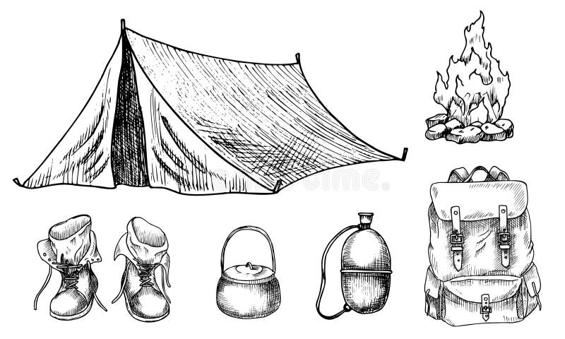 Camping Equipment - Tent, Fire, Backpack, Flask and Boots. Vector ...