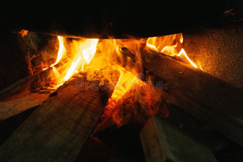 Firewood Burns Inside the Fireplace with Fire and Smoke Stock Photo ...