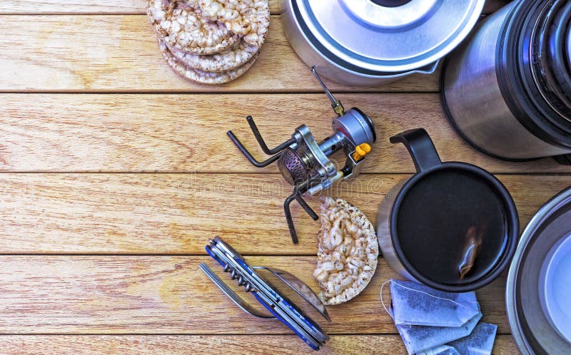 Camping Fire Equipment Lying on a Wooden Table. Stock Image - Image of ...