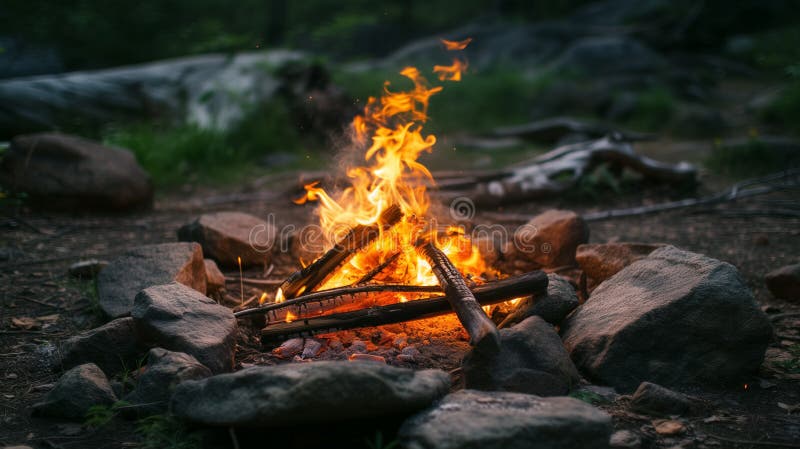Camping Fire Pit with Roaring Flames at Dusk Stock Illustration ...