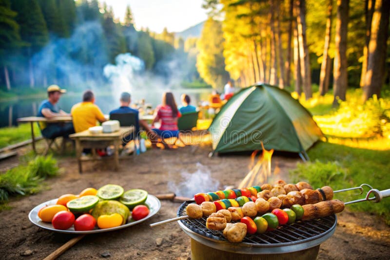 Camping Food - Barbeque Outdoor in Summer Camp Stock Illustration ...
