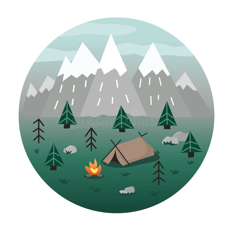 Camping, Forest, Mountains in Cartoon Flat Style. Round Icon Illustration Stock Vector ...