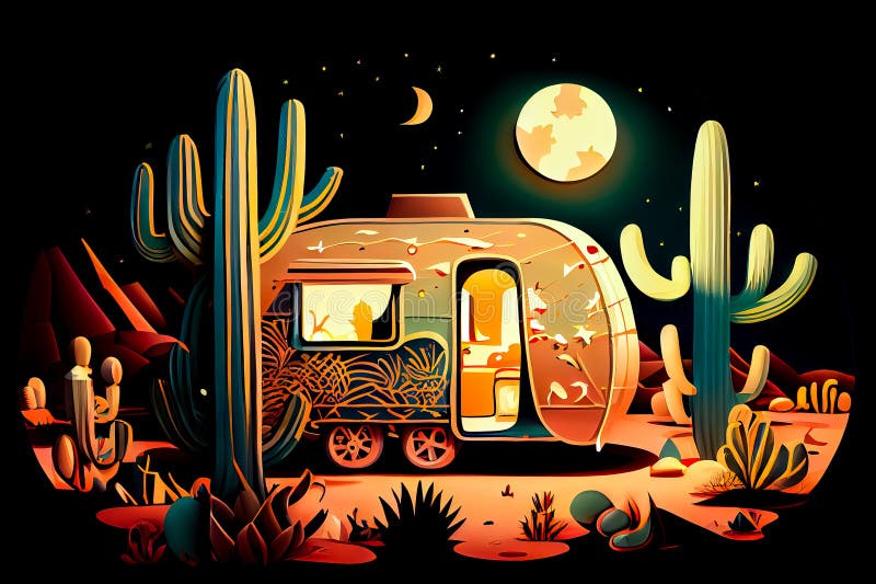 Camping in the Forest at Night with a Caravan. Generative AI Stock ...