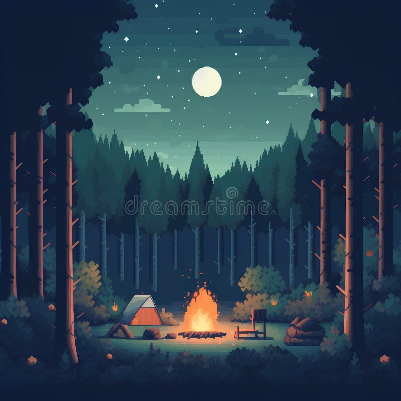 Night Camping in the Woods. Camping on the Lake Stock Illustration ...