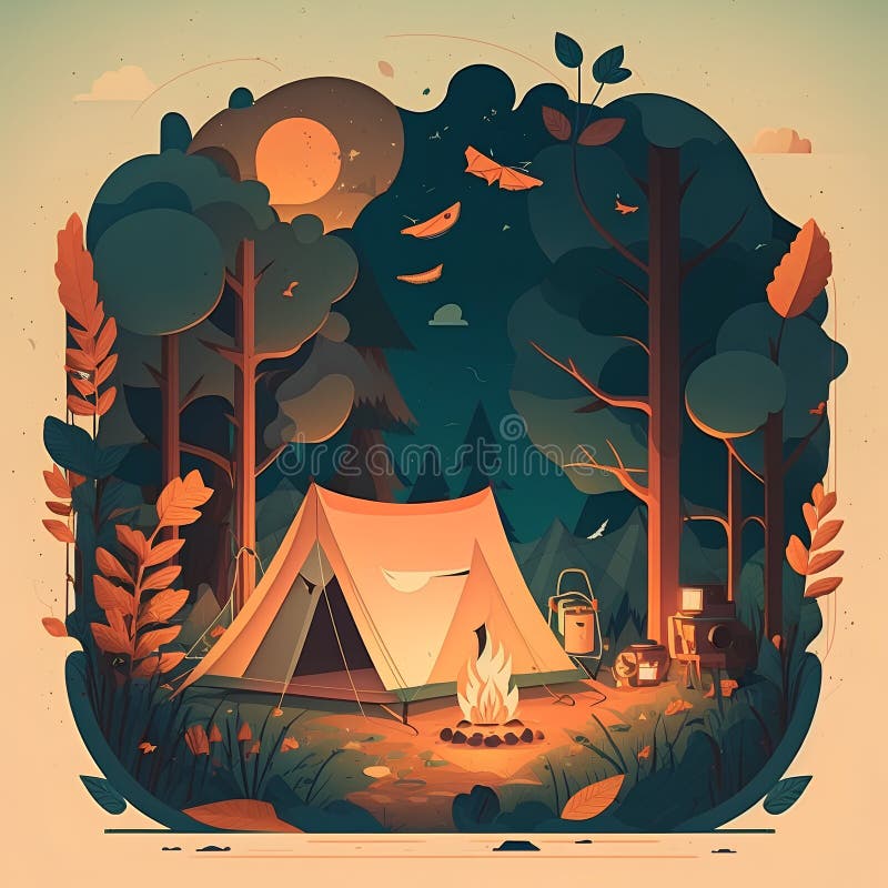 Camping in the Forest at Night. Vector Illustration in Retro Style ...