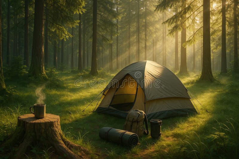 Camping in Forest with Tent, Backpack, Coffee Cup on Tree Stump, and ...