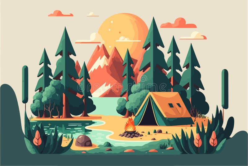 Camping in the Forest. Vector Illustration in Flat Design Style Stock ...