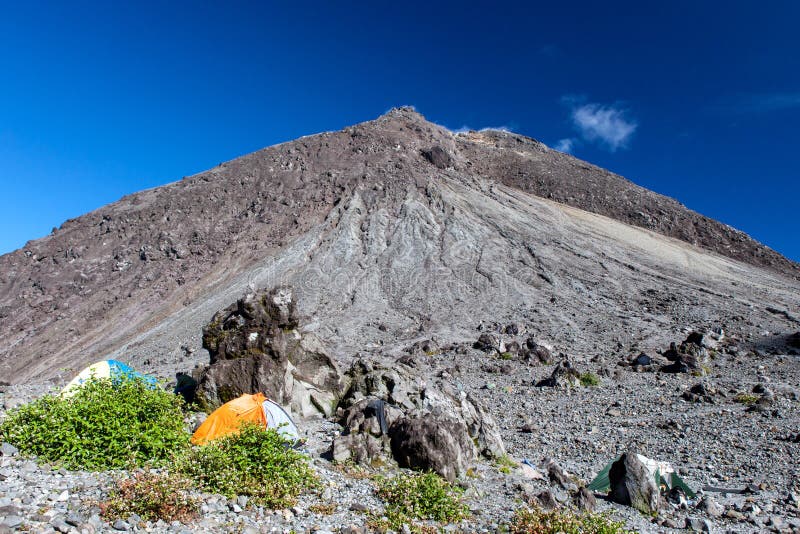 Camping in Front of Merapi Volcano Lava Dome. Stock Photo - Image of ...