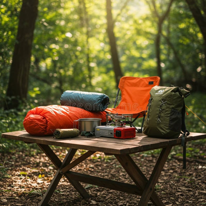 Camping Gear is Arranged on a Wooden Table in a Forest Setting. Items ...