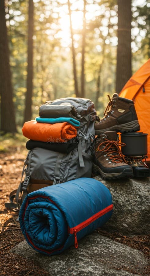 Camping Gear in a Forest Setting at Dawn Stock Illustration ...