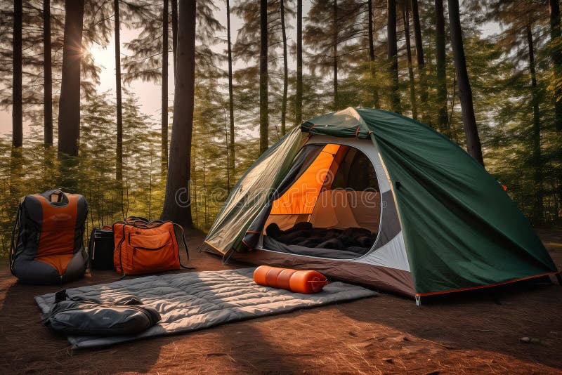 Camping Gear in a Pine Forest. Background with Selective Focus and Copy ...