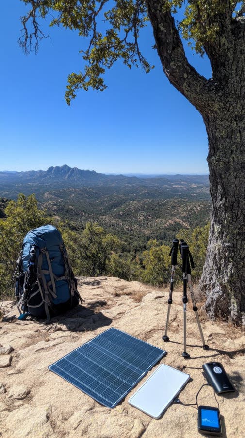 Camping Gear and Solar Panel Setup on Mountain Landscape, Perfect for ...