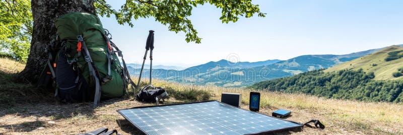 Camping Gear and Solar Panel Setup on Mountain Landscape, Perfect for ...