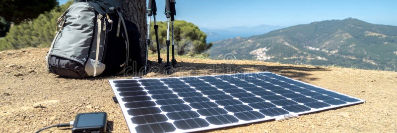 Camping Gear and Solar Panel Setup on Mountain Landscape, Perfect for ...