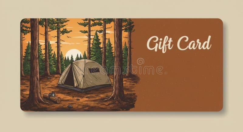 Camping Gift Card Design with Tent and Sunset in Forest Scene Stock ...