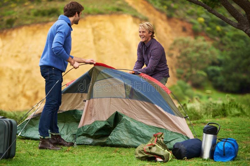 Camping is Great Fun. a Two Male Friends at the Campsite. Stock Image ...