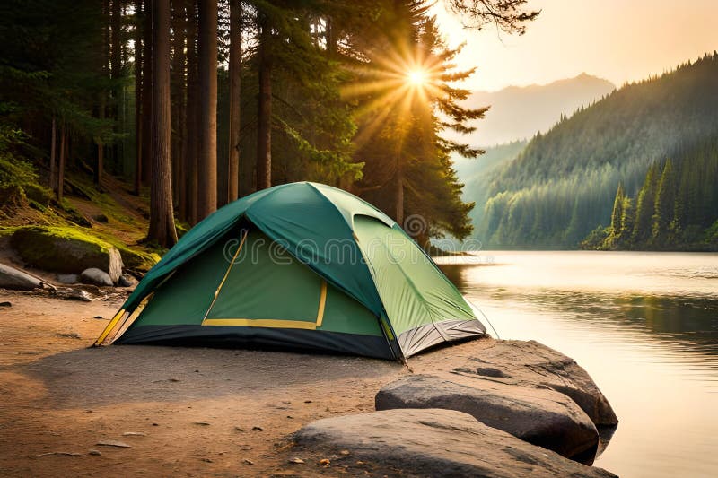 Camping Green Tent in Forest Near Lake Stock Image - Image of mountain ...