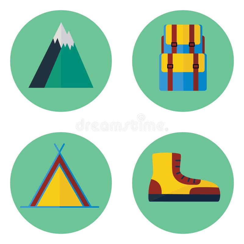 Camping and Hiking Flat Icon Set Stock Vector - Illustration of ...