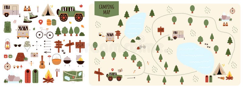 Camping and Hiking Map Creator. Set of Flat Cartoon Elements for ...