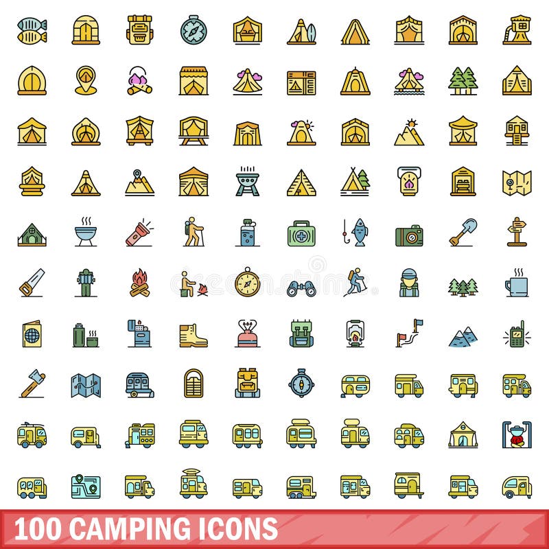 100 Camping Icons Set, Color Line Style Stock Vector - Illustration of ...